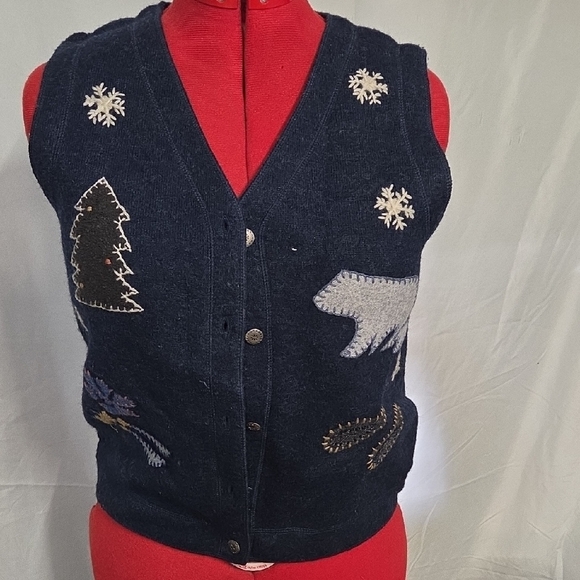 Woolrich | Jackets & Coats | Navy Blue Wool Vest With Winter Motifs ...